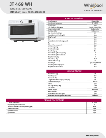 Whirlpool JT 469 WH Product data sheet | Manualzz