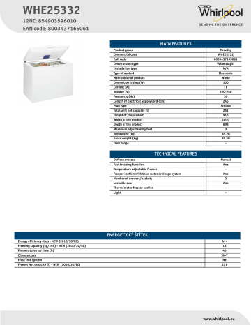 Whirlpool WHE25332 Product data sheet | Manualzz