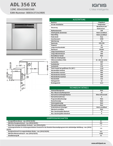 Ignis ADL 356 IX Dishwasher Product Data Sheet | Manualzz