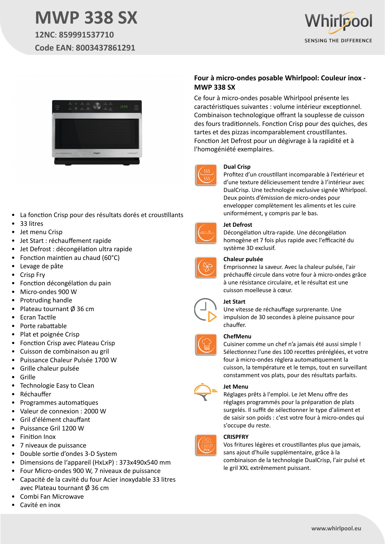 Whirlpool MWP 3391 SX Microwave Product Data Sheet Manualzz, 44% OFF