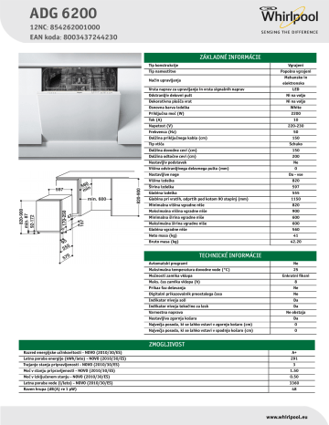 Whirlpool ADG 6200 Dishwasher Product Data Sheet | Manualzz