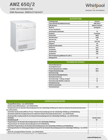 Whirlpool AWZ 650 2 Datenblatt | Manualzz
