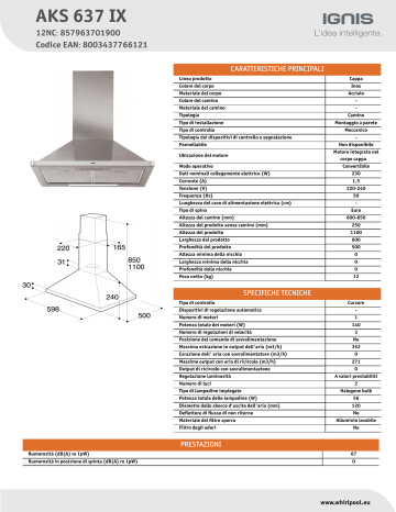 Ignis AKS 637 IX Hood Product Data Sheet | Manualzz