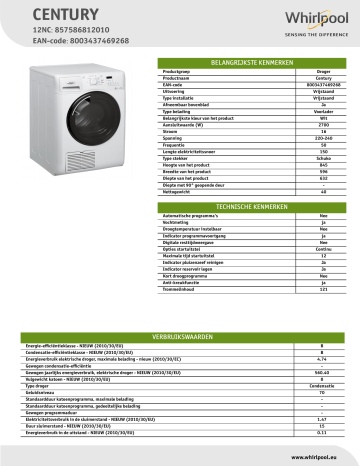 Whirlpool Century Dryer Product Data Sheet | Manualzz