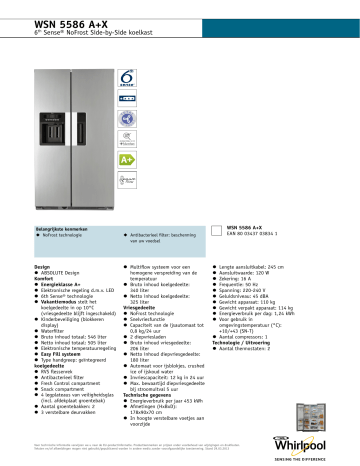Whirlpool WSN5586 A+ X Side-by-Side Product Data Sheet | Manualzz