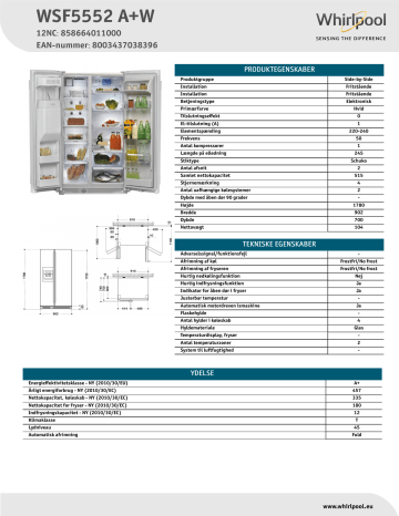 Whirlpool WSF5552 A+W Side-by-Side Product Data Sheet | Manualzz