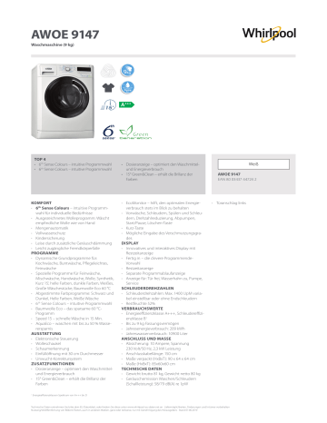 Whirlpool AWOE 9147 Product data sheet | Manualzz