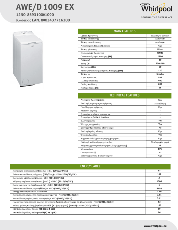 Whirlpool AWE/D 1009 EX Washing machine Product Data Sheet | Manualzz