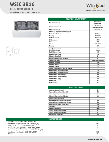Whirlpool WSIC 3B16 Product data sheet | Manualzz