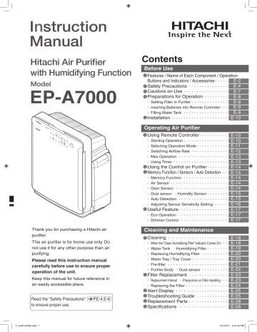 Hitachi Air Cleaner EP-A7000 User manual | Manualzz