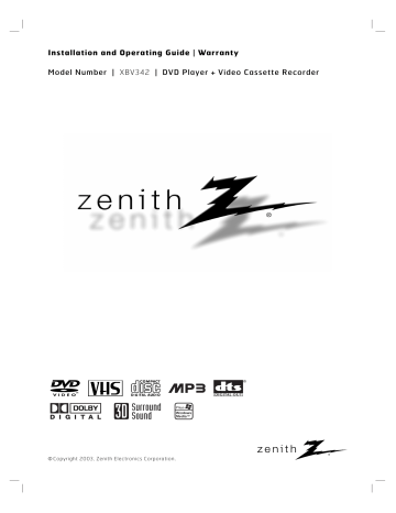 Zenith DVD VCR Combo XBV342 Operating Guide | Manualzz