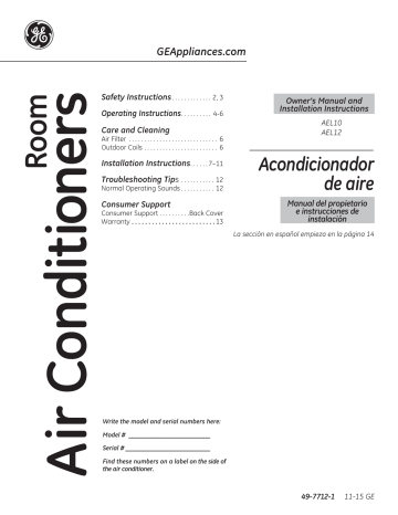 GE Room Air Conditioner AEL10, AEL12 Owner's Manual | Manualzz