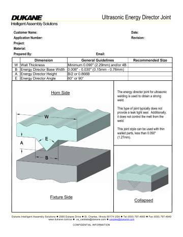 Dukane Ultrasonic Energy Director Joint Design Guide | Manualzz
