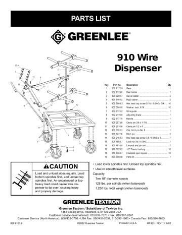 Greenlee 910 Wire Dispenser Operator's Manual | Manualzz