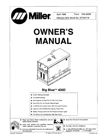 Miller BIG BLUE 400D (DEUTZ 912) Owner's Manual | Manualzz