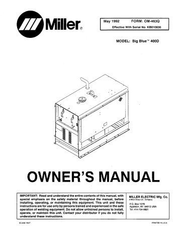 Miller BIG BLUE 400D (DEUTZ 912) Owner's Manual | Manualzz