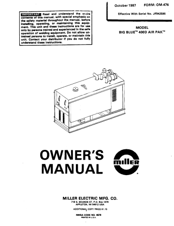 Miller BIG BLUE 400D AIR PAK User manual | Manualzz