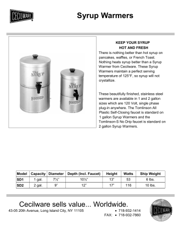 Cecilware Syrup Warmer SD1, SD2 Product Details | Manualzz
