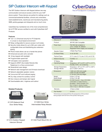 Cyberdata 011214 SIP Outdoor Intercom with Keypad Datasheet | Manualzz