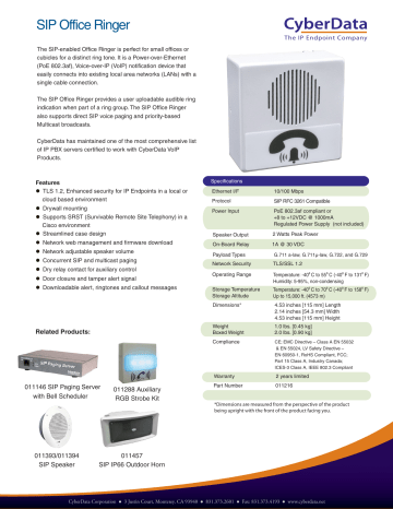 Cyberdata 011216 SIP Office Ringer Datasheet | Manualzz