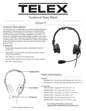 Telex Airman 8 Aviation Headsets Data Sheet | Manualzz