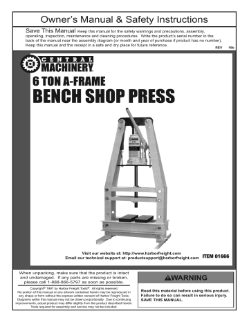Central Machinery 6 ton A-Frame Bench Shop Press Owner's Manual | Manualzz