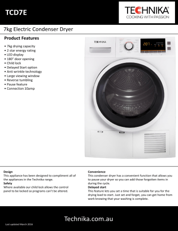 Technika TCD7E Laundry Spec Sheet | Manualzz