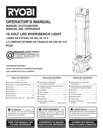 RYOBI Workbench Light P727 Operator's Manual | Manualzz