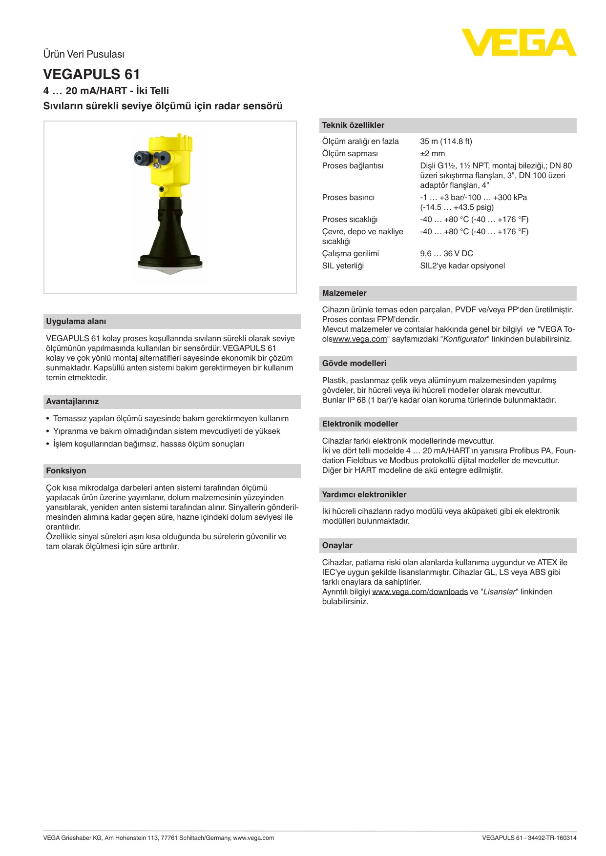 Vega VEGAPULS 61 Radar sensor for continuous level measurement of ...