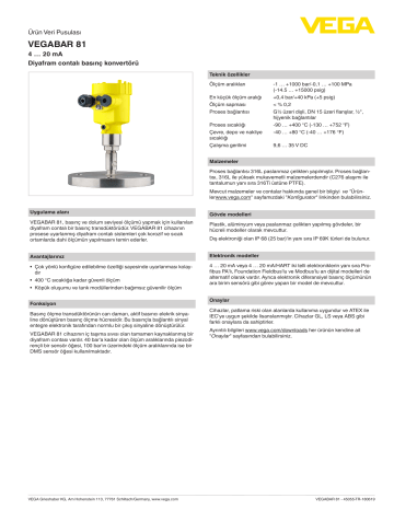 Vega VEGABAR 81 Pressure transmitter with chemical seal Şartname | Manualzz
