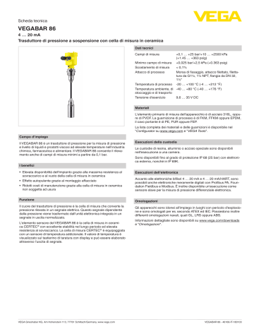 Vega VEGABAR 86 Submersible pressure transmitter with ceramic measuring ...
