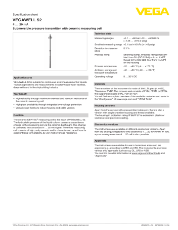 Vega VEGAWELL 52 Submersible pressure transmitter with ceramic ...
