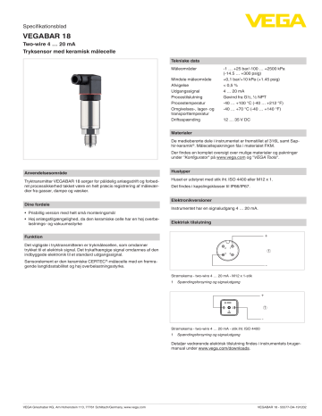 Vega VEGABAR 18 Pressure transmitter Specifikation | Manualzz