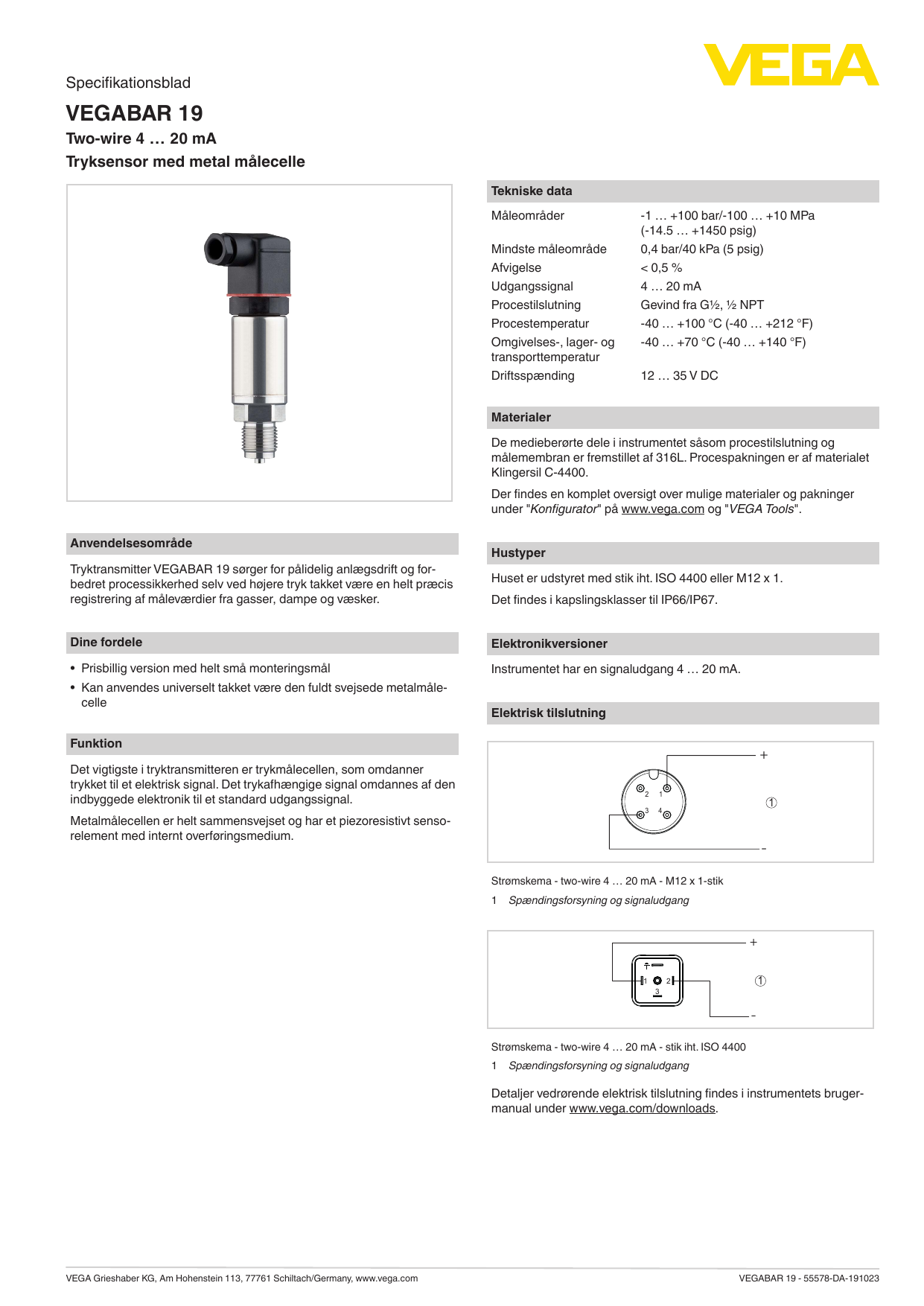 Vega VEGABAR 19 Pressure transmitter Specifikation | Manualzz