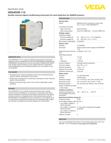 Vega VEGATOR 112 Double channel controller acc. to NAMUR (IEC 60947-5-6 ...
