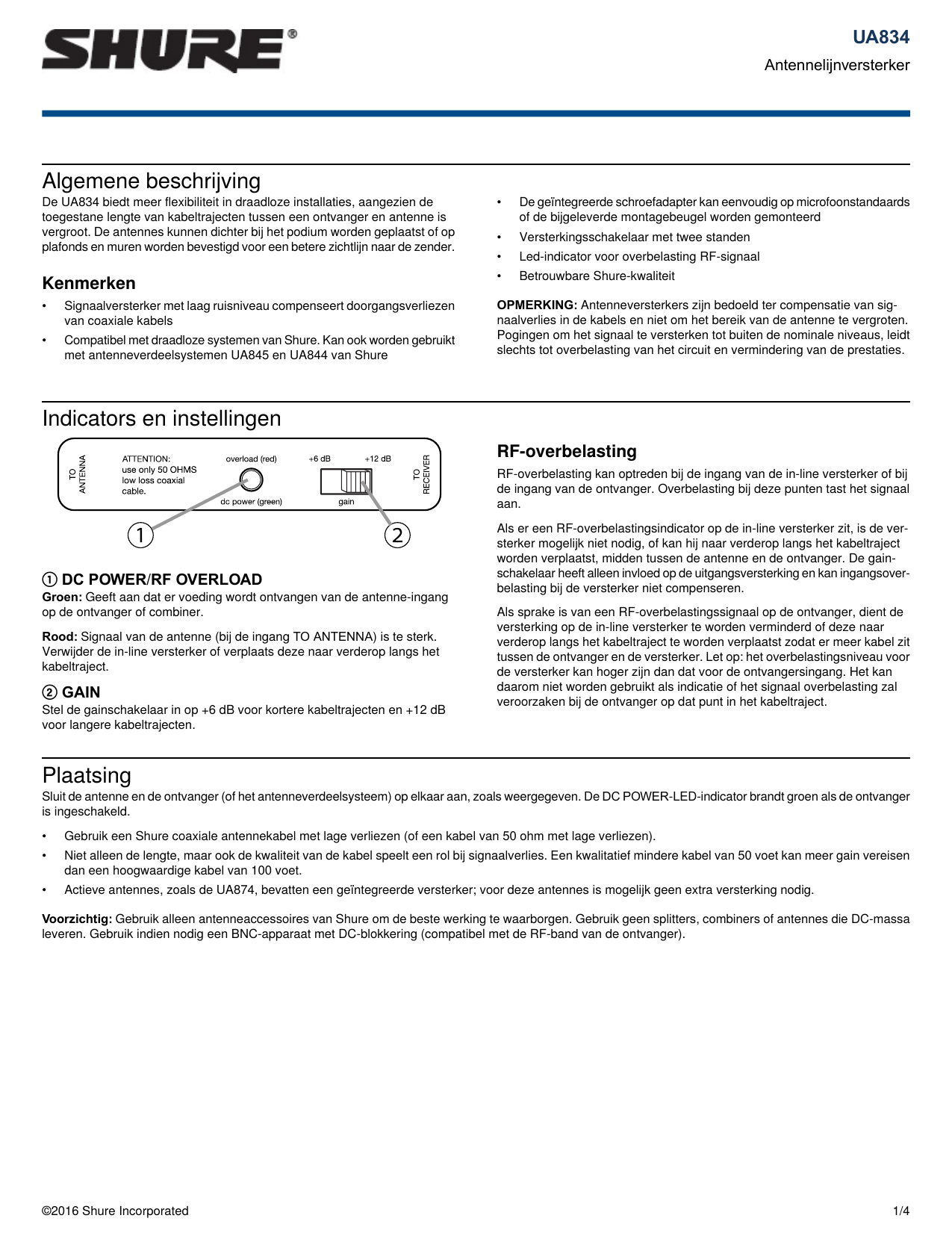 Shure UA834 In-Line Antenna Amplifier Gebruikershandleiding | Manualzz