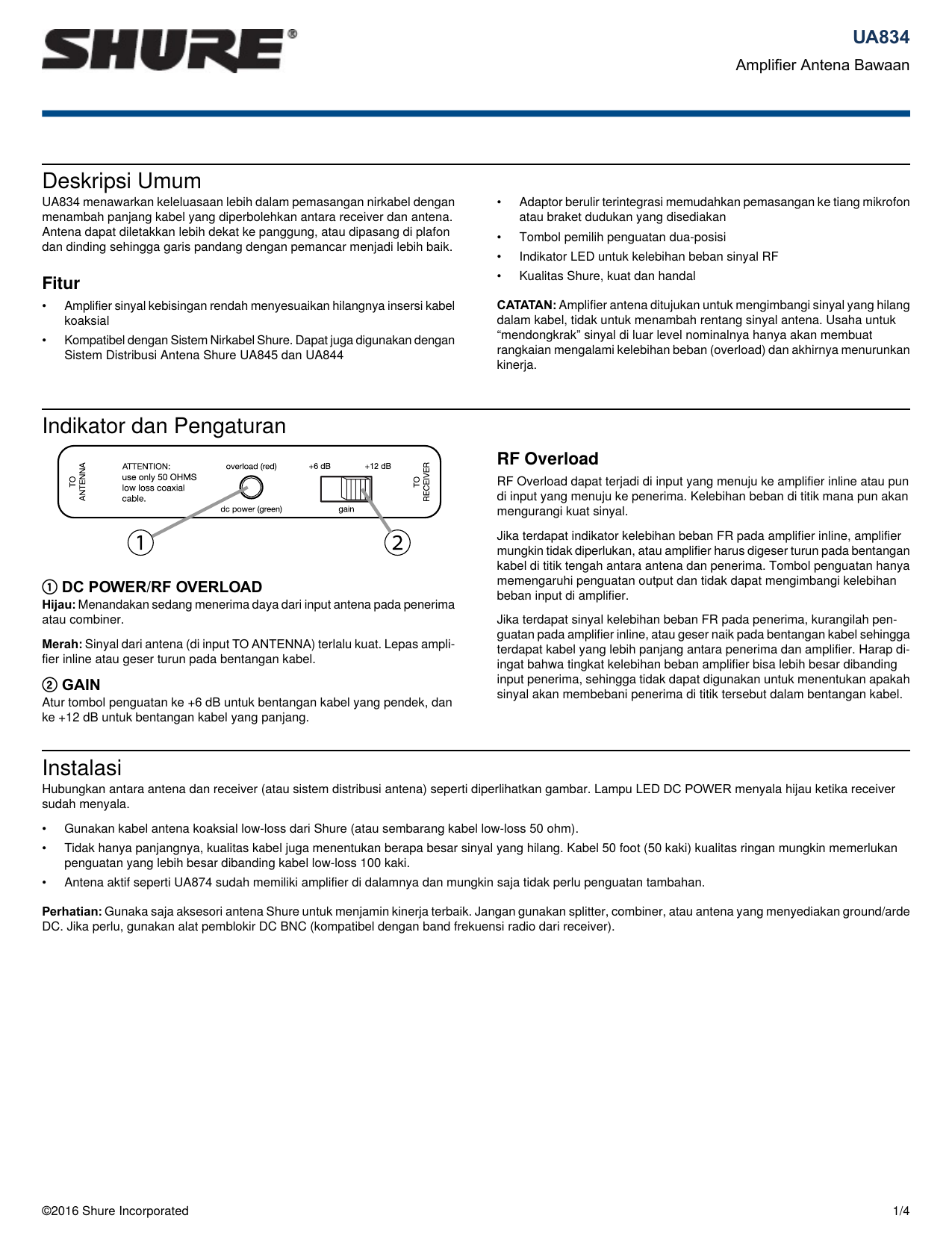 Shure UA834 In-Line Antenna Amplifier Panduan pengguna | Manualzz