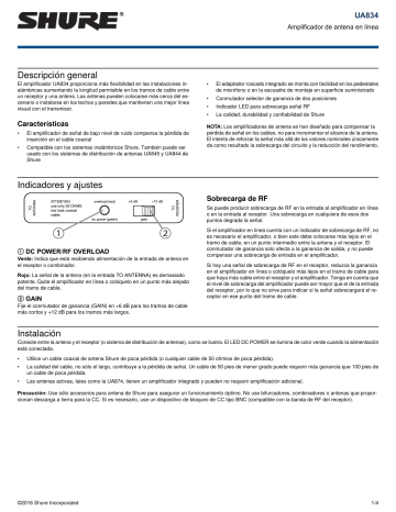 Shure UA834 In-Line Antenna Amplifier Guía del usuario | Manualzz