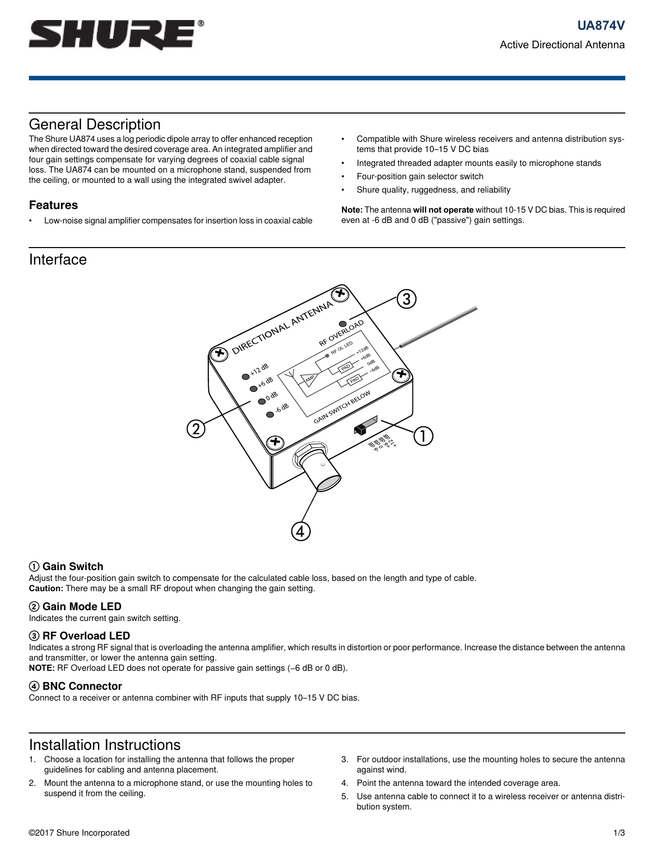 Shure UA874V Active Directional Antenna User guide | Manualzz