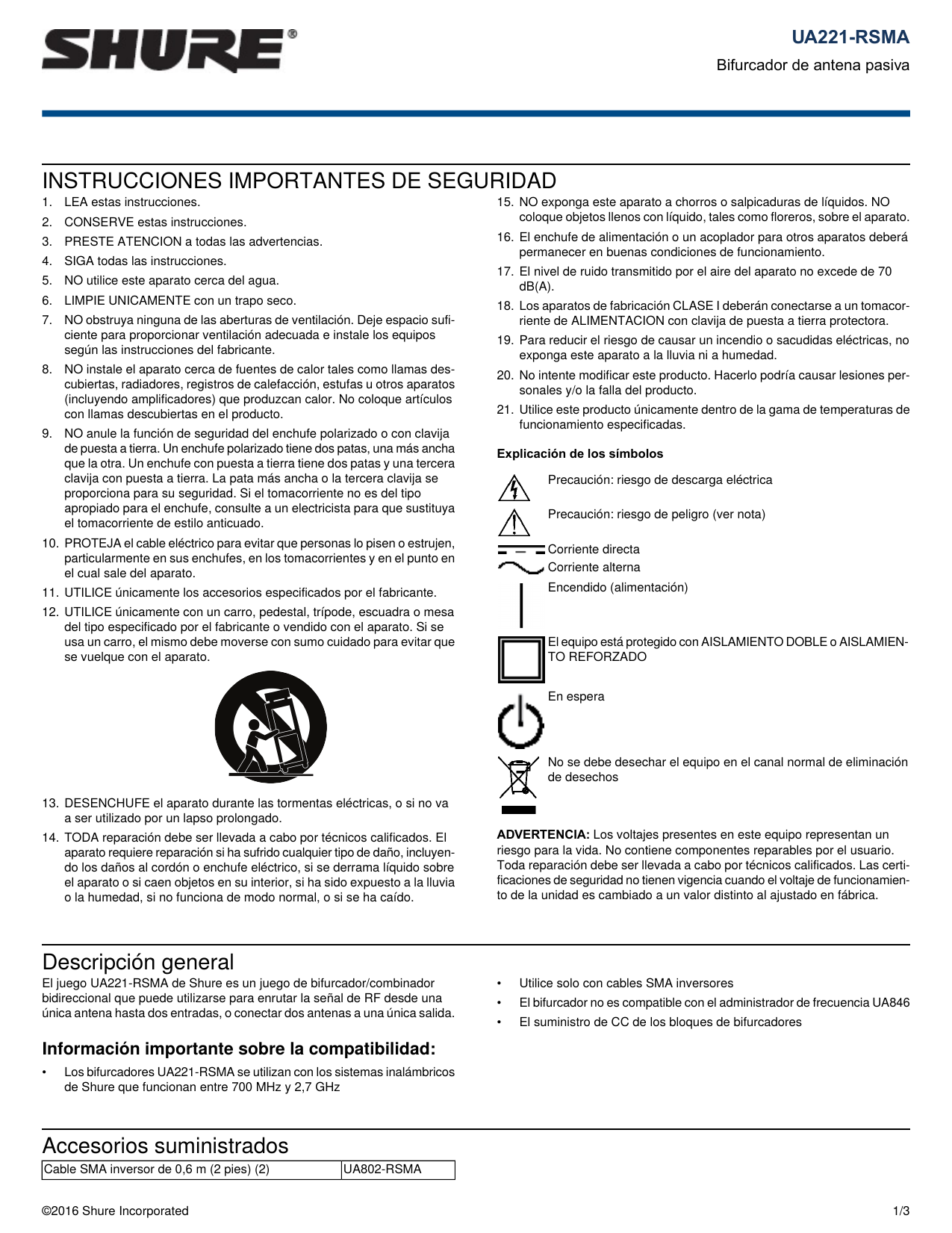 Shure UA221-RSMA Passive Antenna Splitter Guía del usuario | Manualzz
