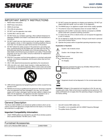 Shure UA221-RSMA Passive Antenna Splitter User guide | Manualzz