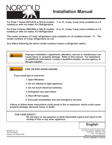 Norcold Polar N7V/ N7X/ N7LX/ NA7LX Installation Manual | Manualzz