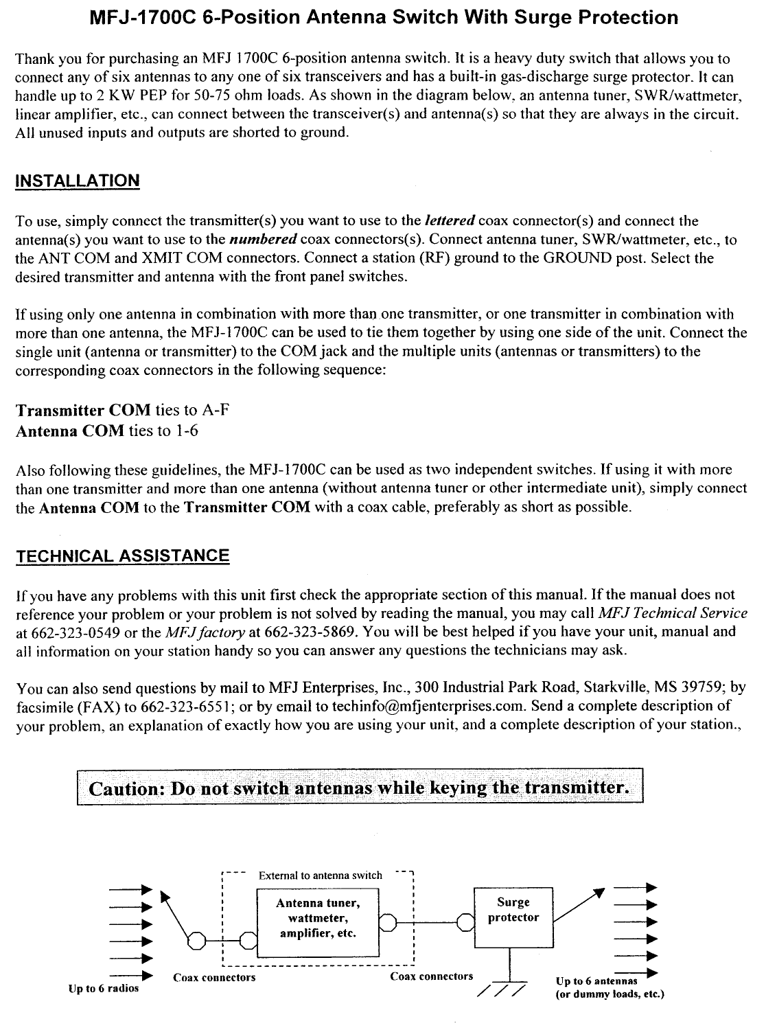 MFJ 1700C - ANT/XMTR SWITCH, 6P, HF, 2KW Manual | Manualzz