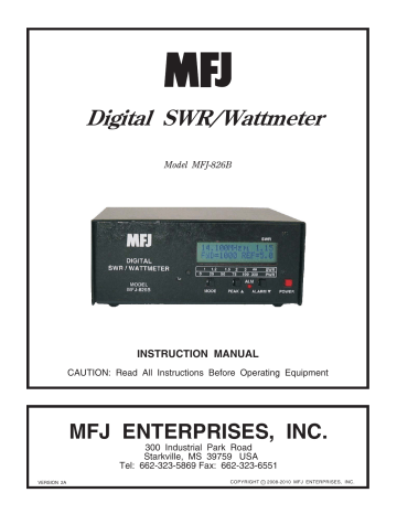 MFJ 826B - DIGITAL SWR/WATTMETER, LCD, W/FREQ.COUNTER Instruction ...