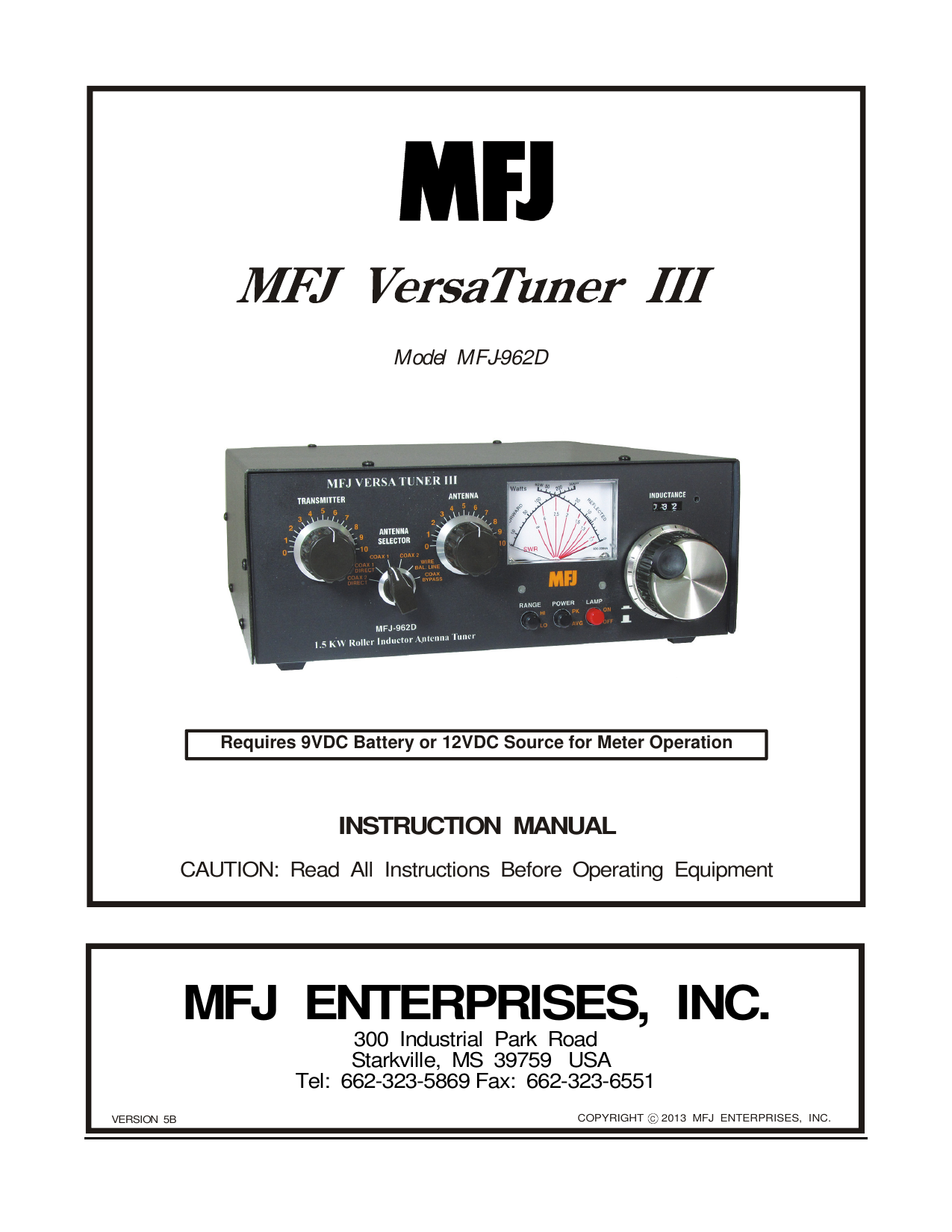 MFJ 962D - ANTENNA TUNER, 1.5 KW, 1.8-30 MHZ, CN M, SW, BL Manual ...