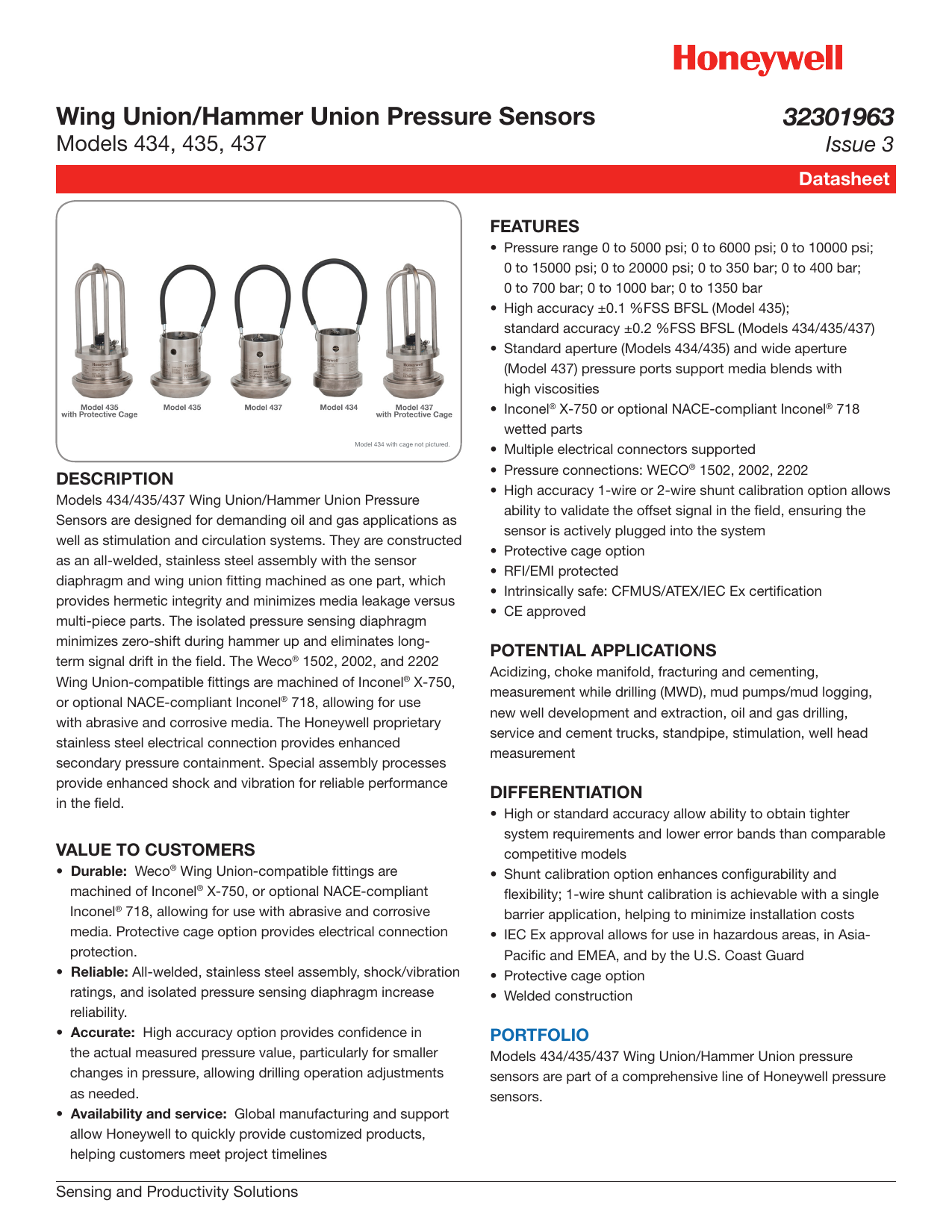 Honeywell s 434, 435 & 437 Wing Union Pressure Sensors Datasheet | Manualzz