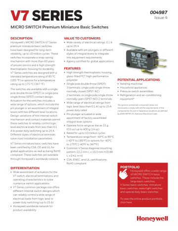 Honeywell miniature basic switches V7 Series Product Sheet | Manualzz