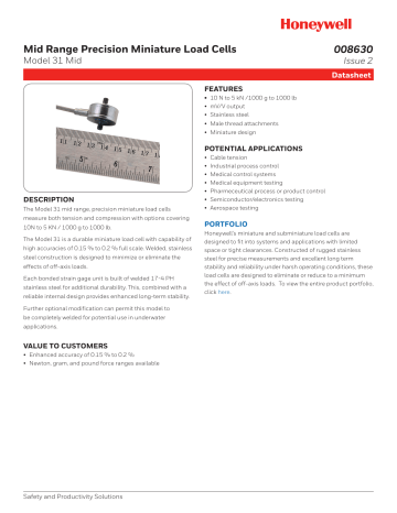 Honeywell 31 Mid Miniature Load Cell Datasheet | Manualzz