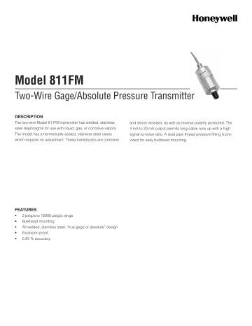 Honeywell 811FM Pressure Transducer Datasheet | Manualzz