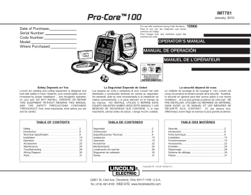 Lincoln Electric Pro-Core 100 Instrucciones de operación | Manualzz